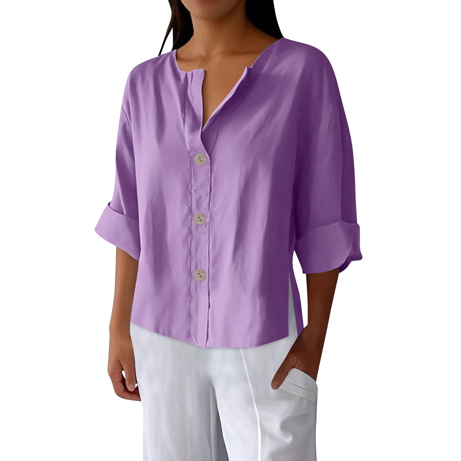 Button Down Shirts for Women 3/4 Sleeve Cotton and Linen Fashion Solid ...