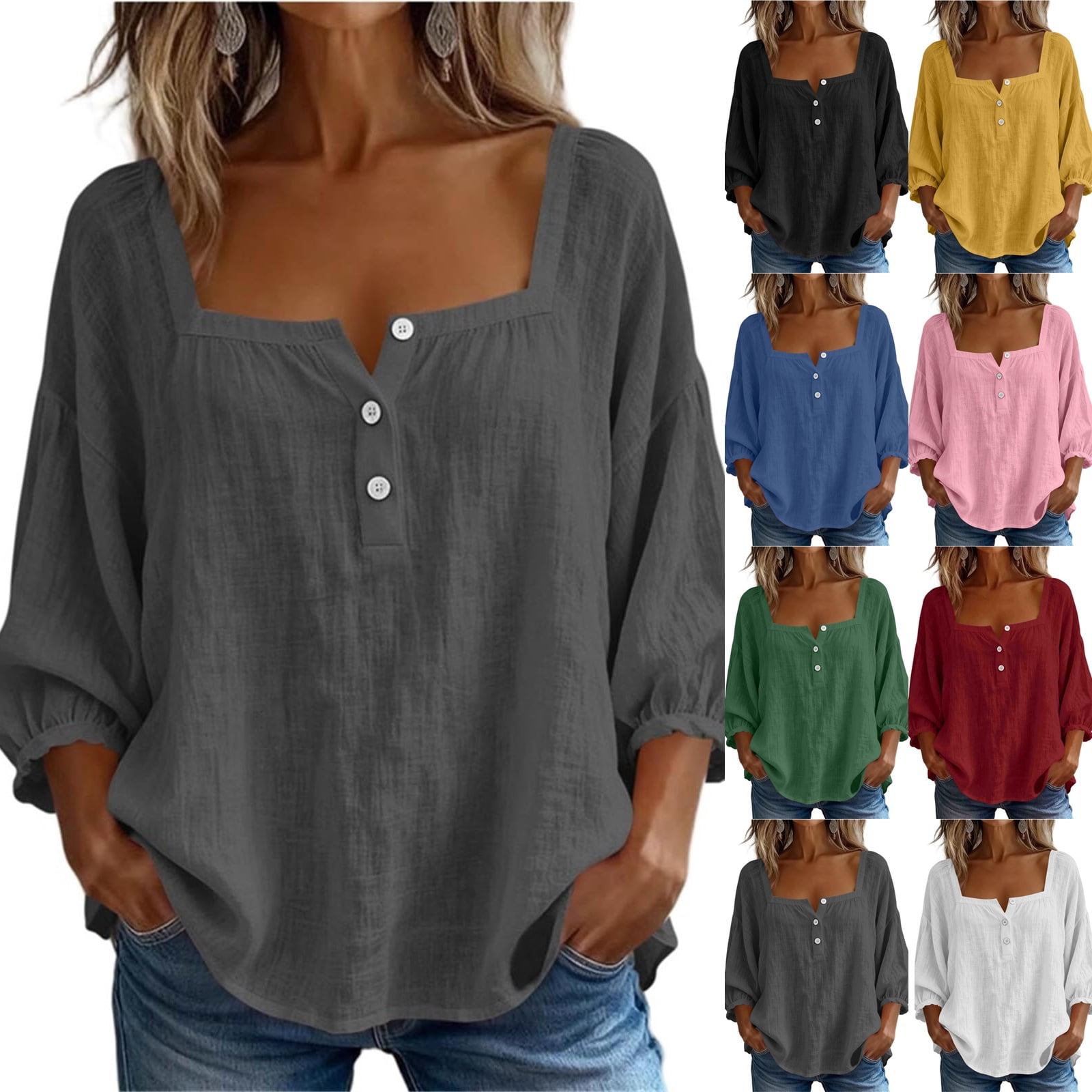 Button Down Shirts for Women 3/4 Sleeve Linen Square Neck Tops 2026 ...