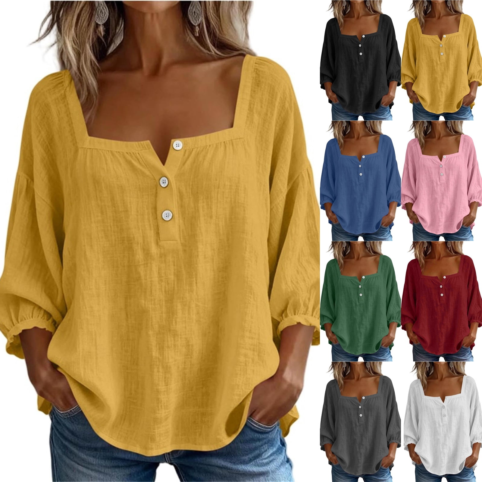 Button Down Shirts for Women 3/4 Sleeve Linen Square Neck Tops 2026 ...
