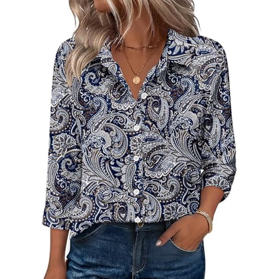 Button Down Shirts for Women 3/4 Sleeve Tops V Neck Collared Blouses ...