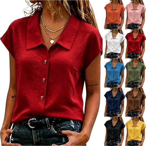Button Down Shirts for Women Cap Sleeve V Neck Cotton Linen Tops Causal ...