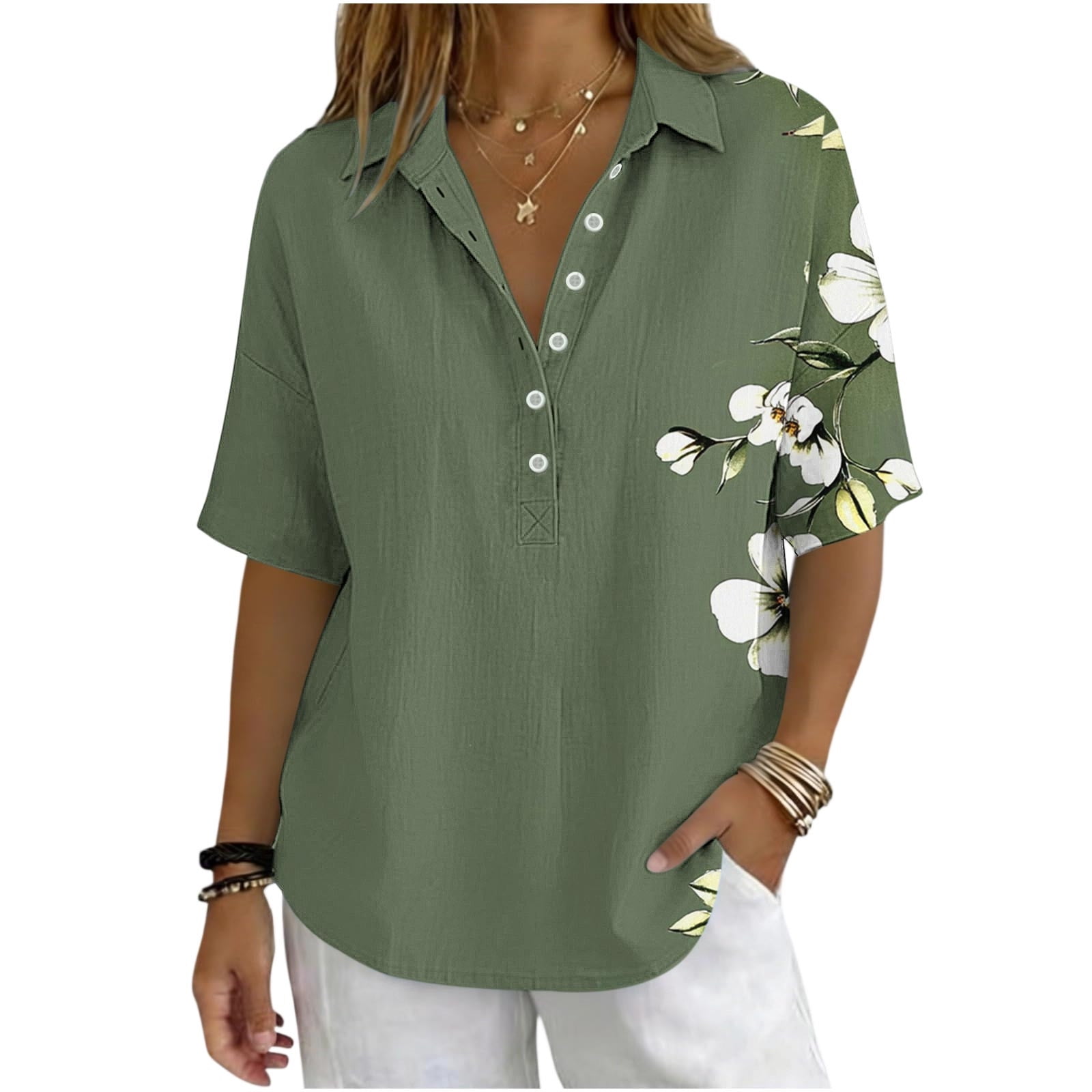 Button Down Shirts for Women Casual Print Turtleneck Short Sleeved V ...