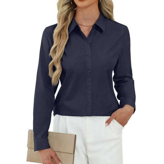 Button Down Shirts for Women Collared Long Sleeve Dress Shirt Business ...