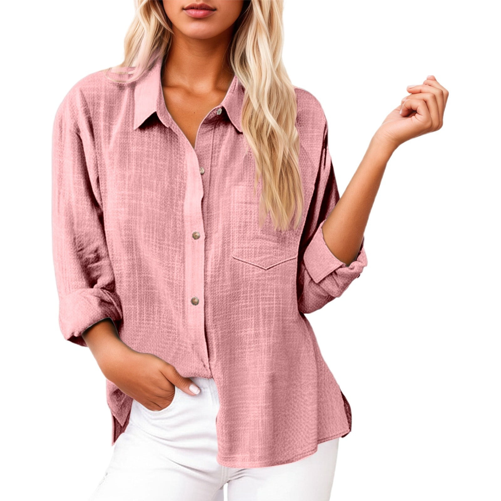 Button Down Shirts for Women Cotton Linen Long Sleeve Collared Blouses ...