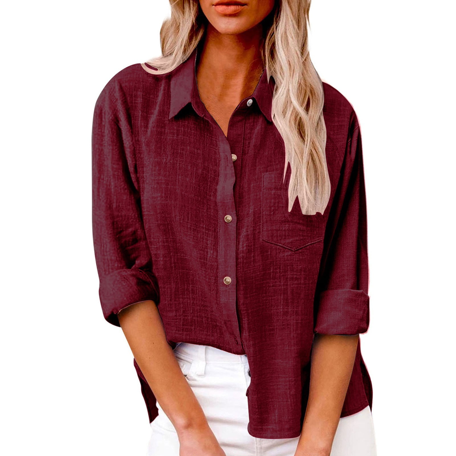 Button Down Shirts for Women Cotton Linen Long Sleeve Collared Blouses ...