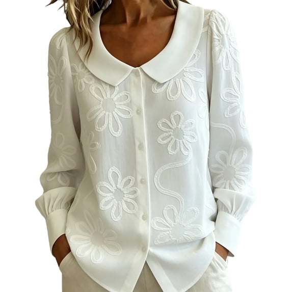 Button Down Shirts for Women Floral Embroidered Peter Pan Collar Dressy ...