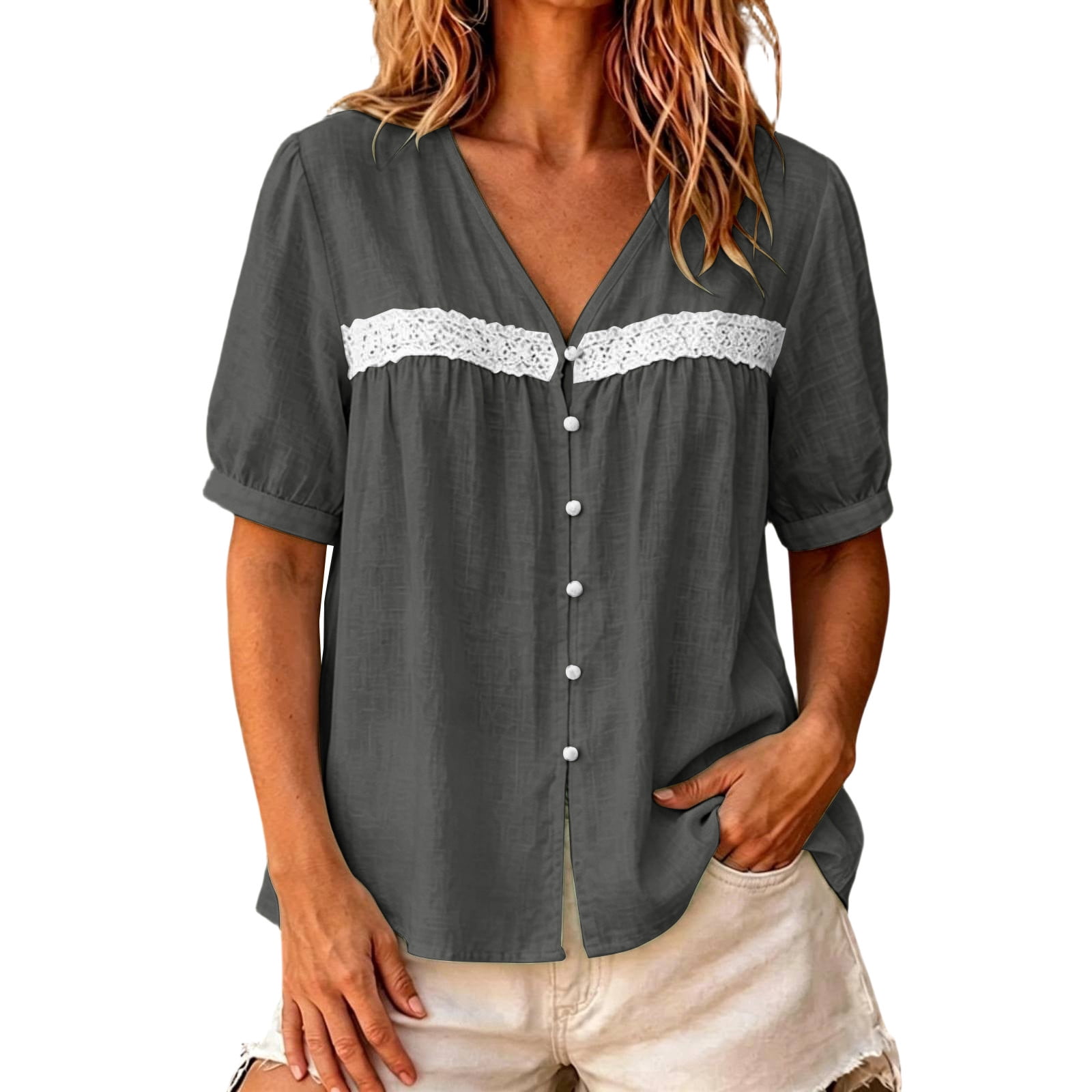 Button Down Shirts for Women Lace Trim V Neck Short Sleeve Blouses ...