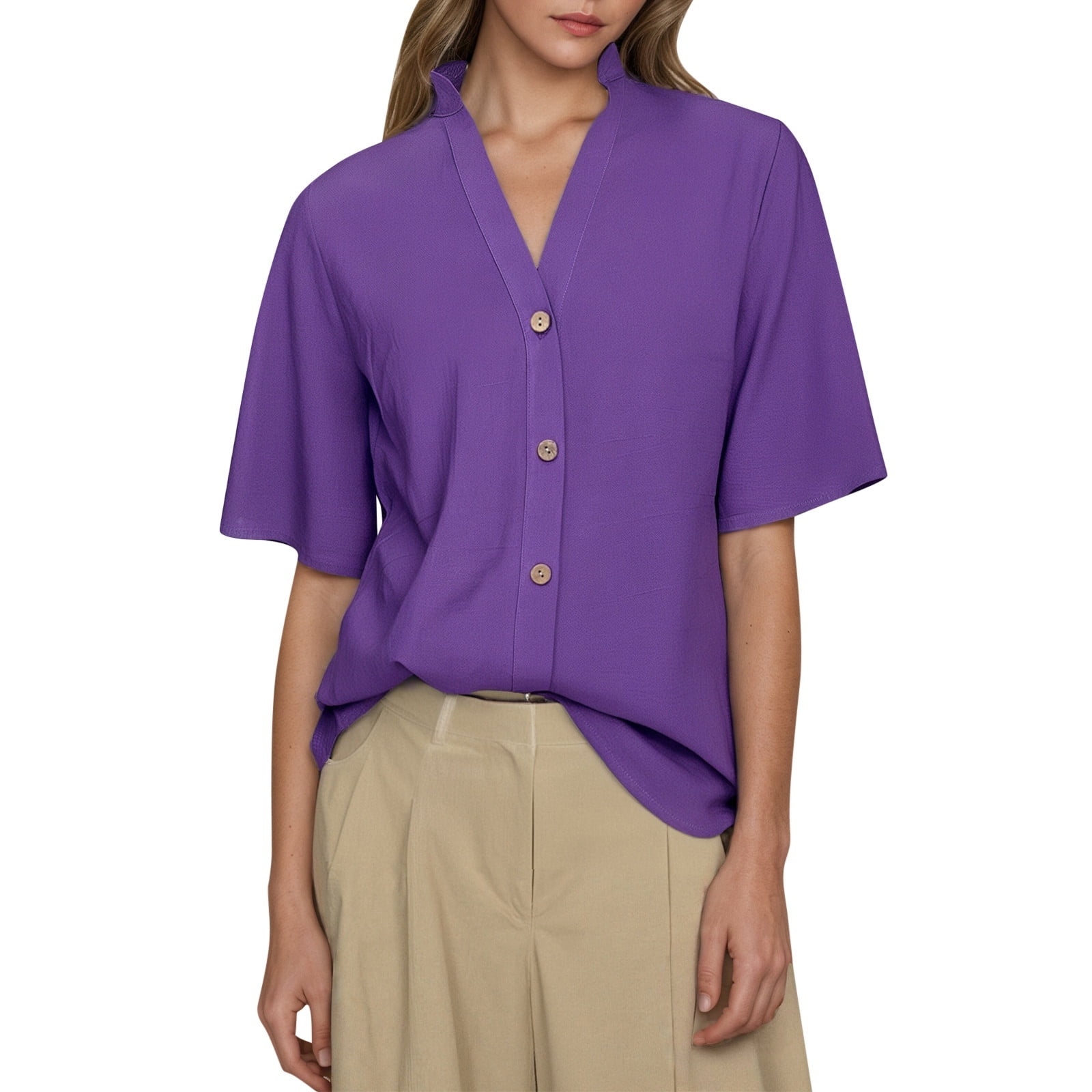 Button Down Shirts for Women Lapel Collared Solid Color Short Sleeve ...