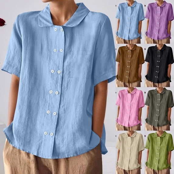 Button Down Shirts for Women Linen Blouse for Double Breasted Open ...