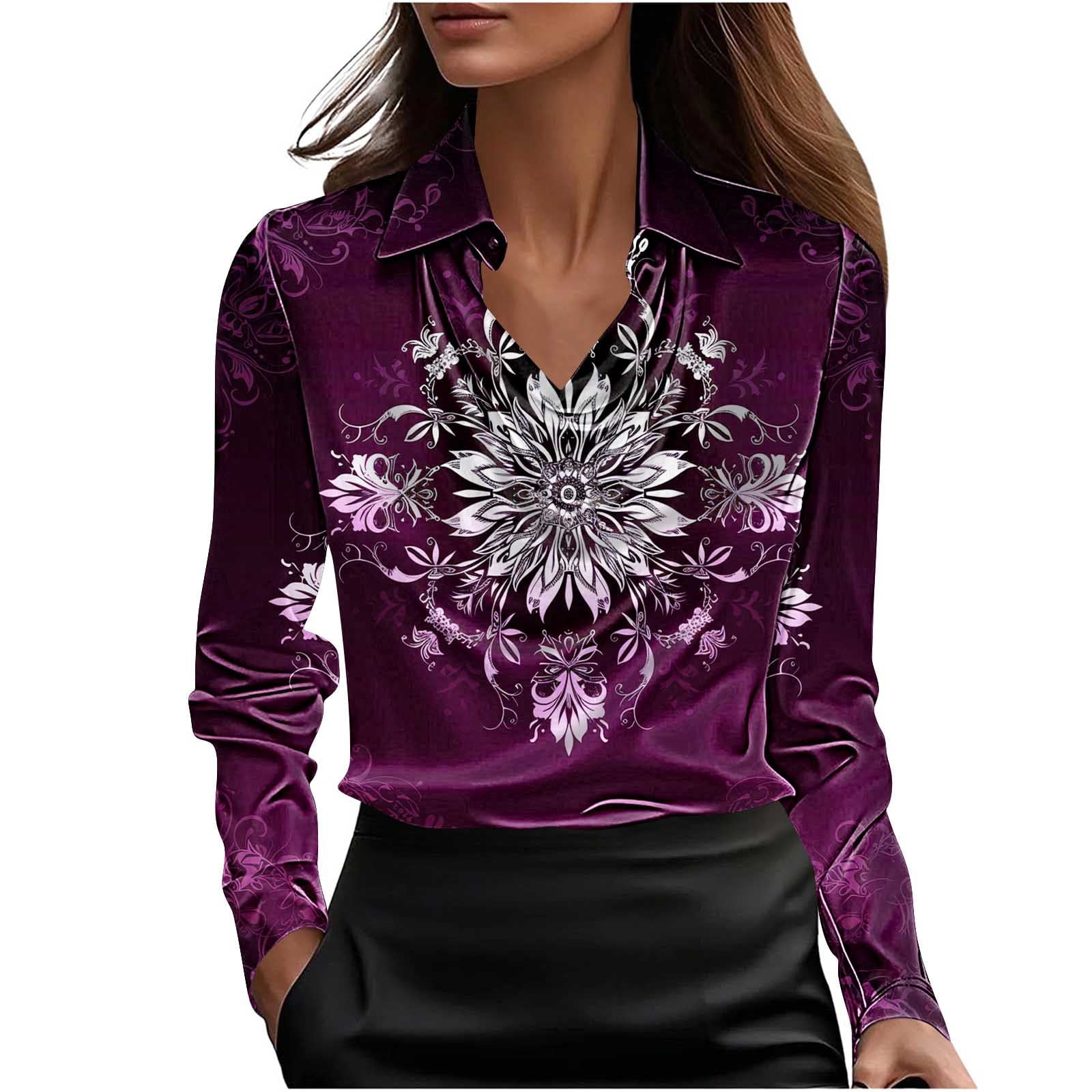 Button Down Shirts for Women Long Sleeve Casual Print Drop Neck Fashion ...