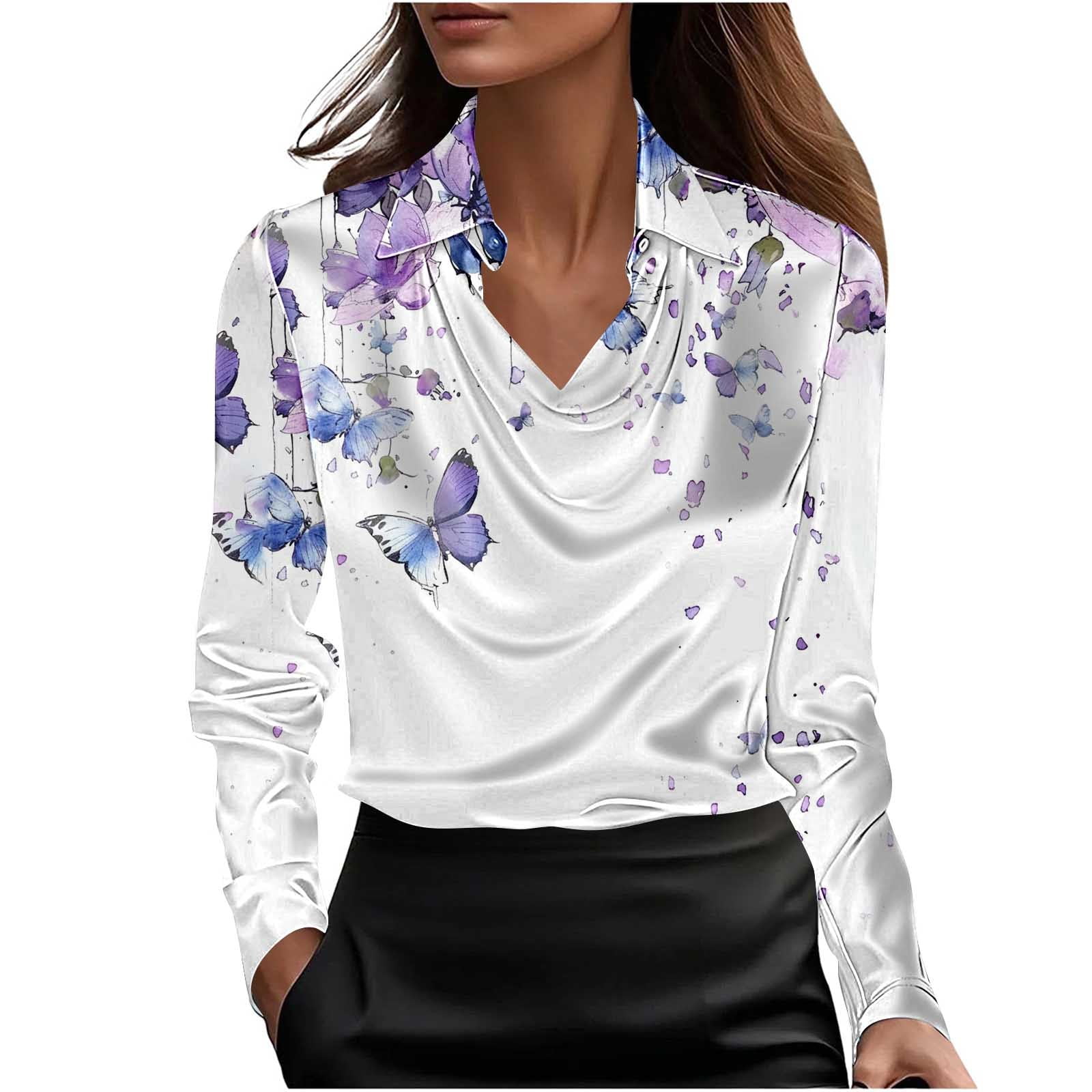 Button Down Shirts for Women Long Sleeve Casual Print Drop Neck Fashion ...