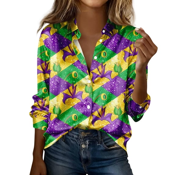 Button Down Shirts for Women Long Sleeve Mardi Gras Shirt Glitter Masks ...