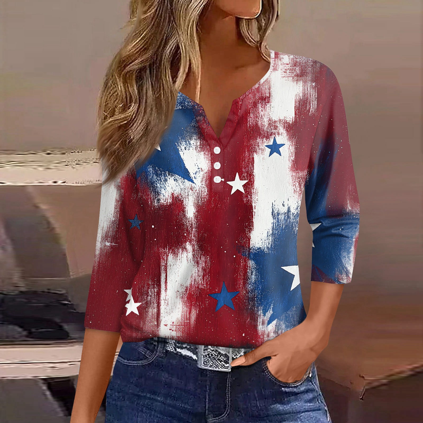 Button Down Shirts for Women National Flag Print Novelty 3/4 Sleeve ...
