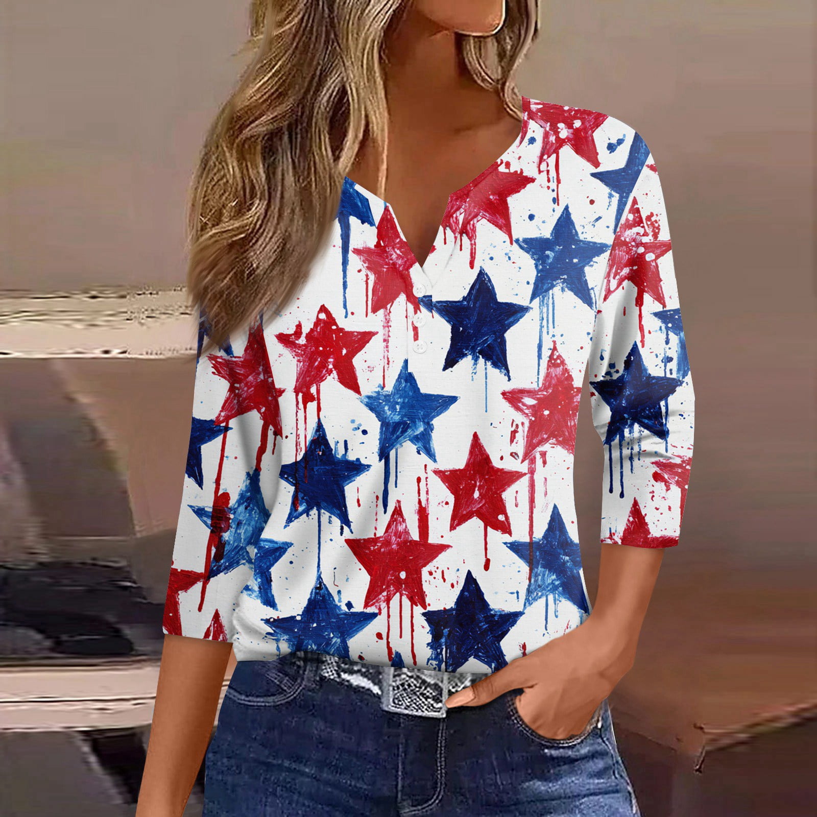 Button Down Shirts for Women National Flag Print Novelty 3/4 Sleeve ...