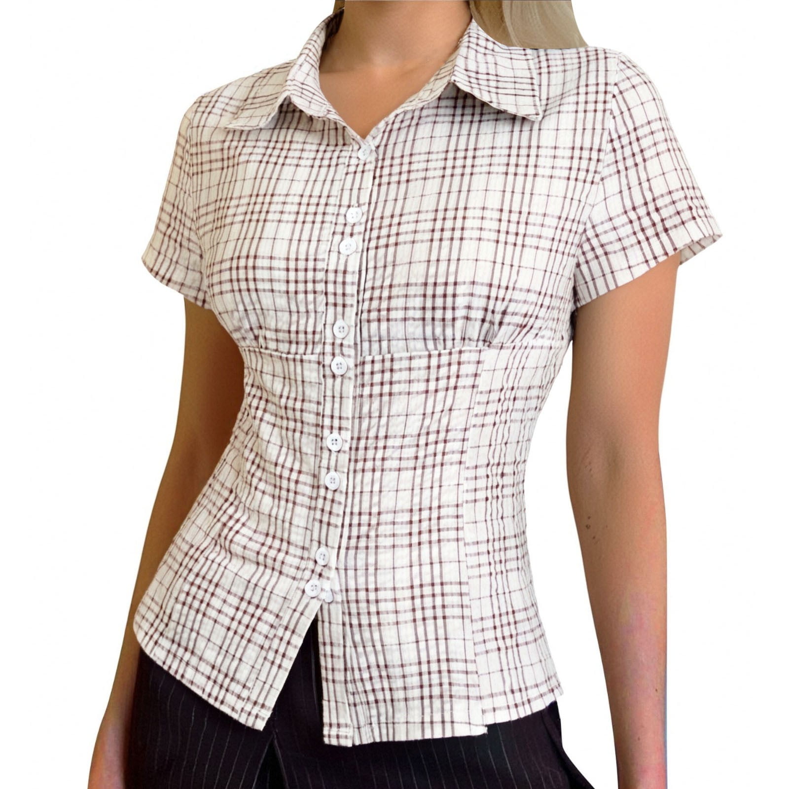 Button Down Shirts for Women Plaid Print Short Sleeve Lapel Collar Tops ...