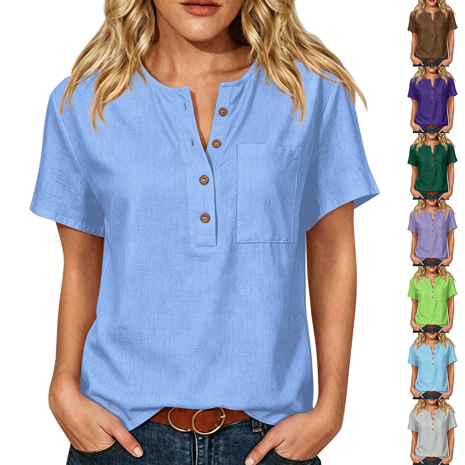 Button Down Shirts for Women Short Sleeve Chest Pocket Solid Shirts ...
