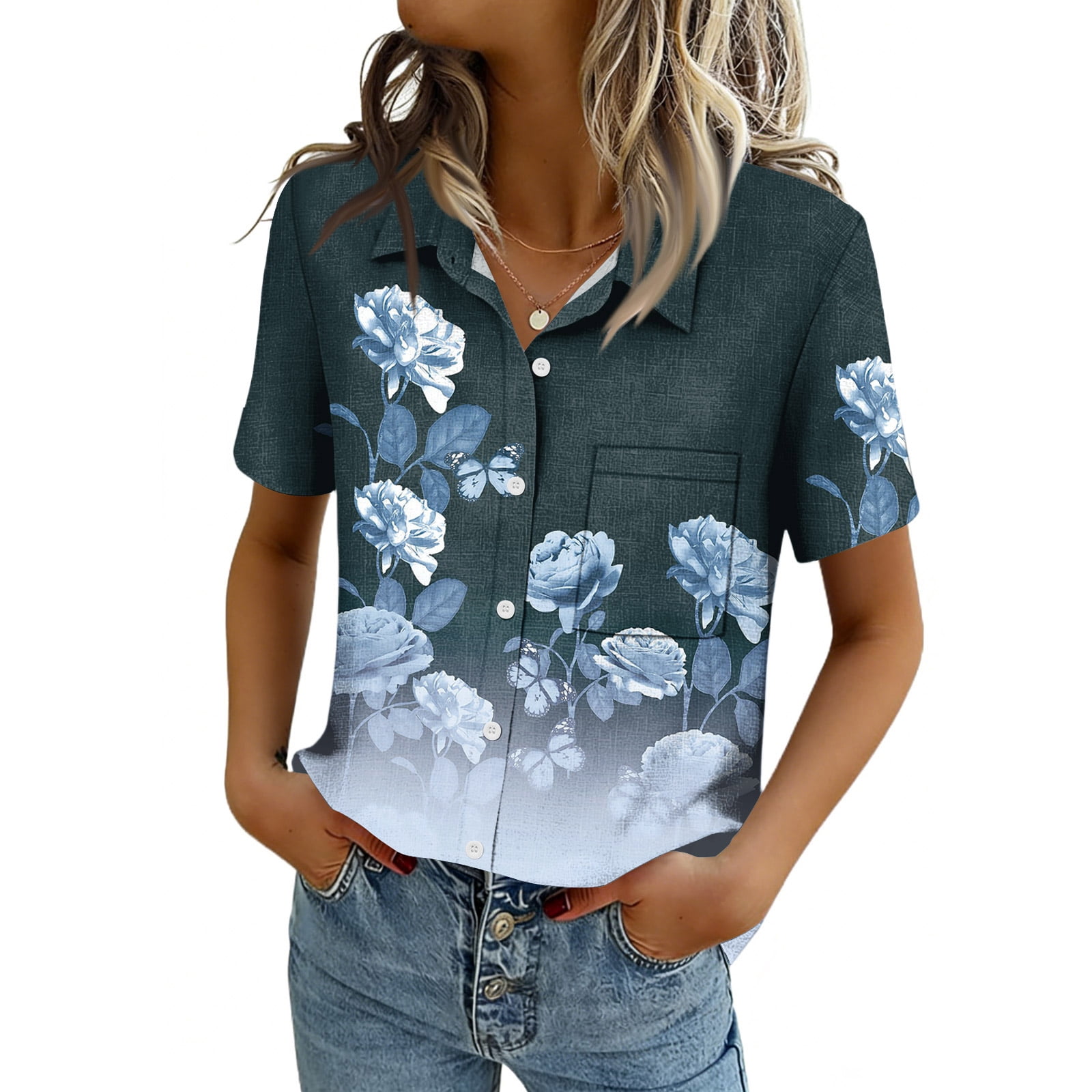 Button Down Shirts for Women Short Sleeve Collared Tops Dressy Casual ...