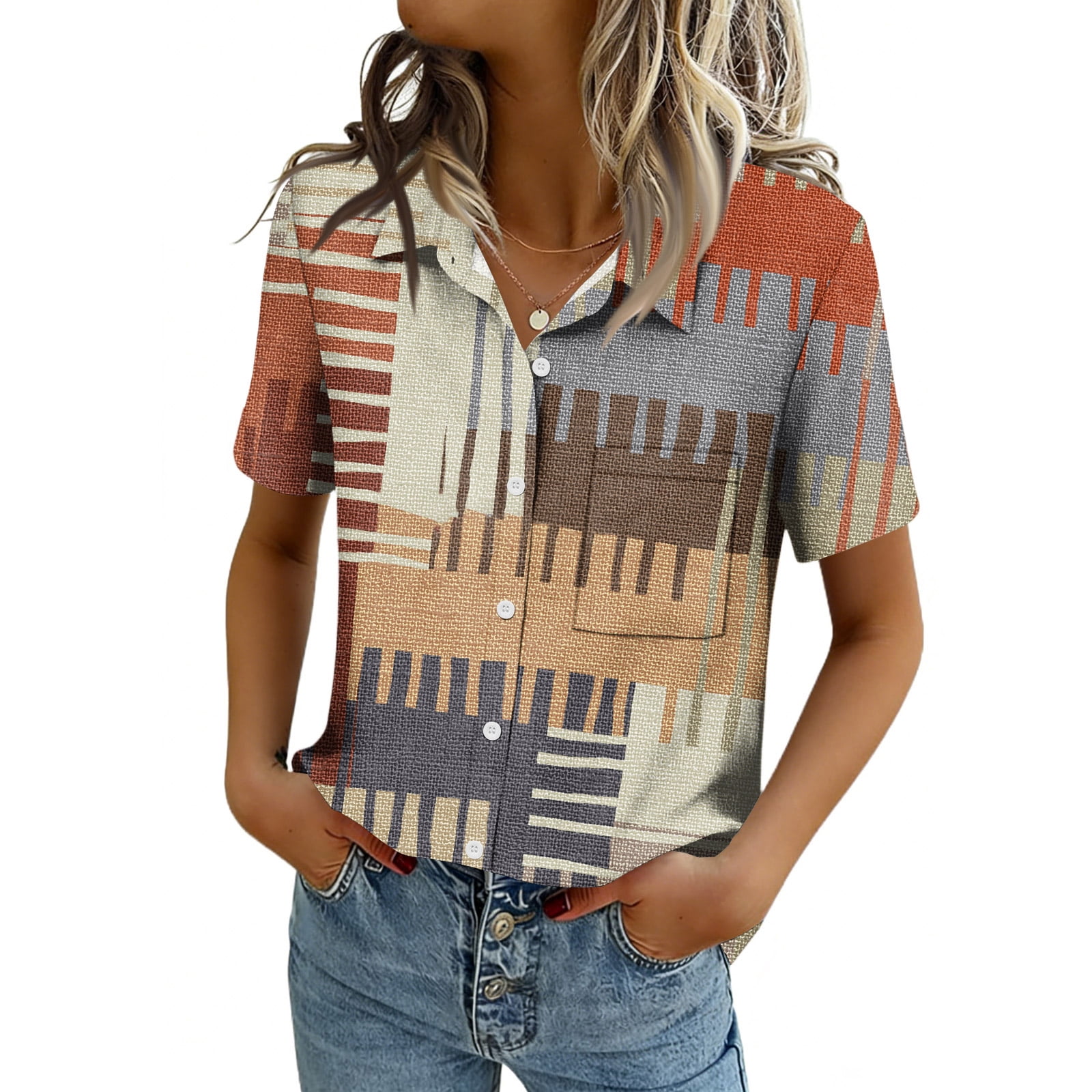 Button Down Shirts for Women Short Sleeve Collared Tops Dressy Casual V ...