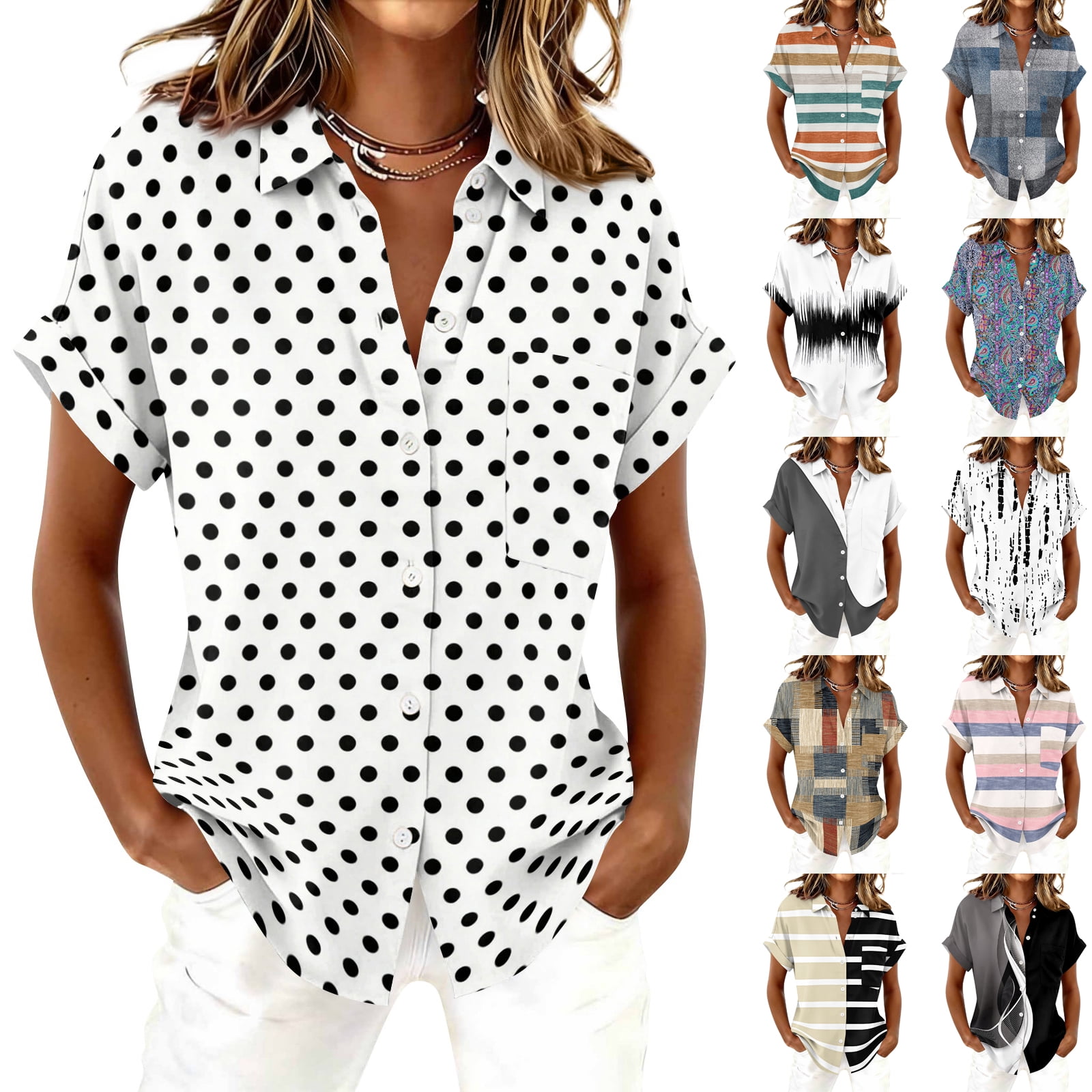 Button Down Shirts for Women Short Sleeve Collared Tops Dressy Casual V ...
