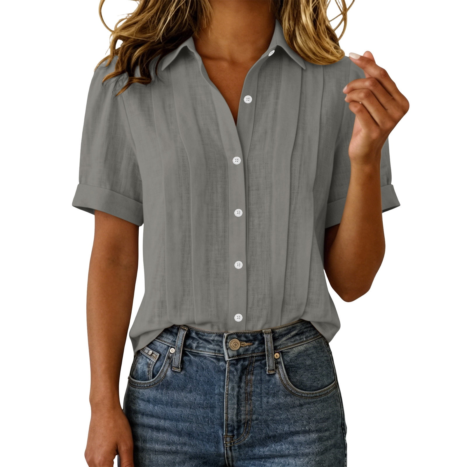 Button Down Shirts for Women Short Sleeve Cotton Linen Blouses Spring ...