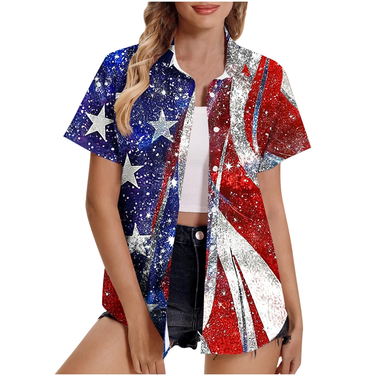 Button Down Shirts for Women Tops Clearance Ladies' Independence Day Short Sleeved Shirt with ...