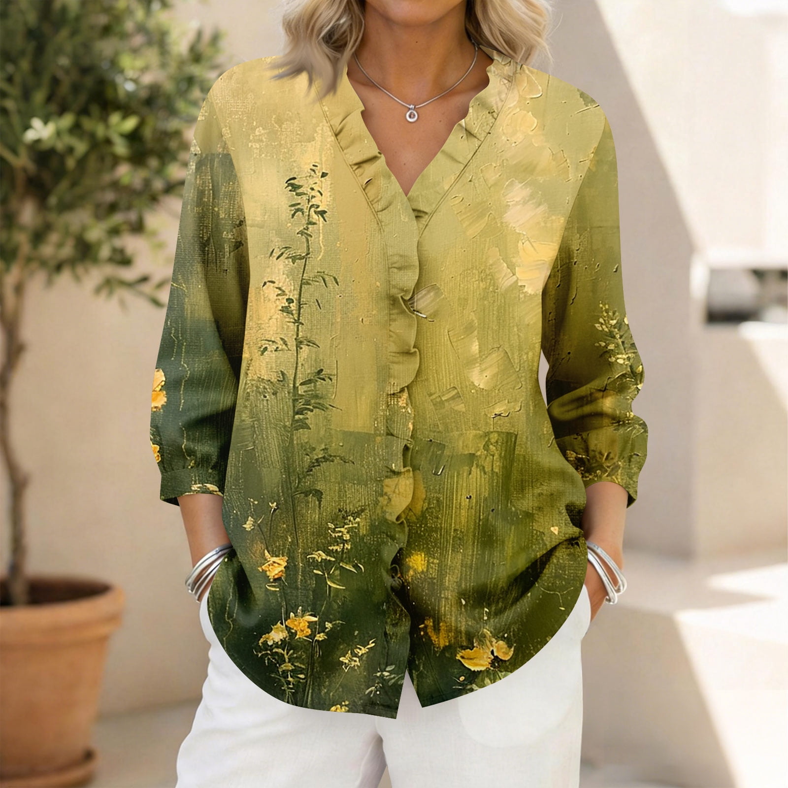 Button Down Shirts for Women Trendy 3/4 Sleeve Tops Ruffle V Neck Work ...