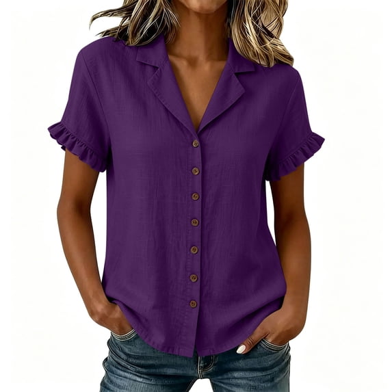 Button Down Shirts for Women Trendy Summer Ruffle Short Sleeve Casual ...