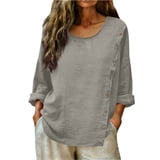 Button Down Shirts for Women V Neck Short Sleeve Linen Style Solid ...