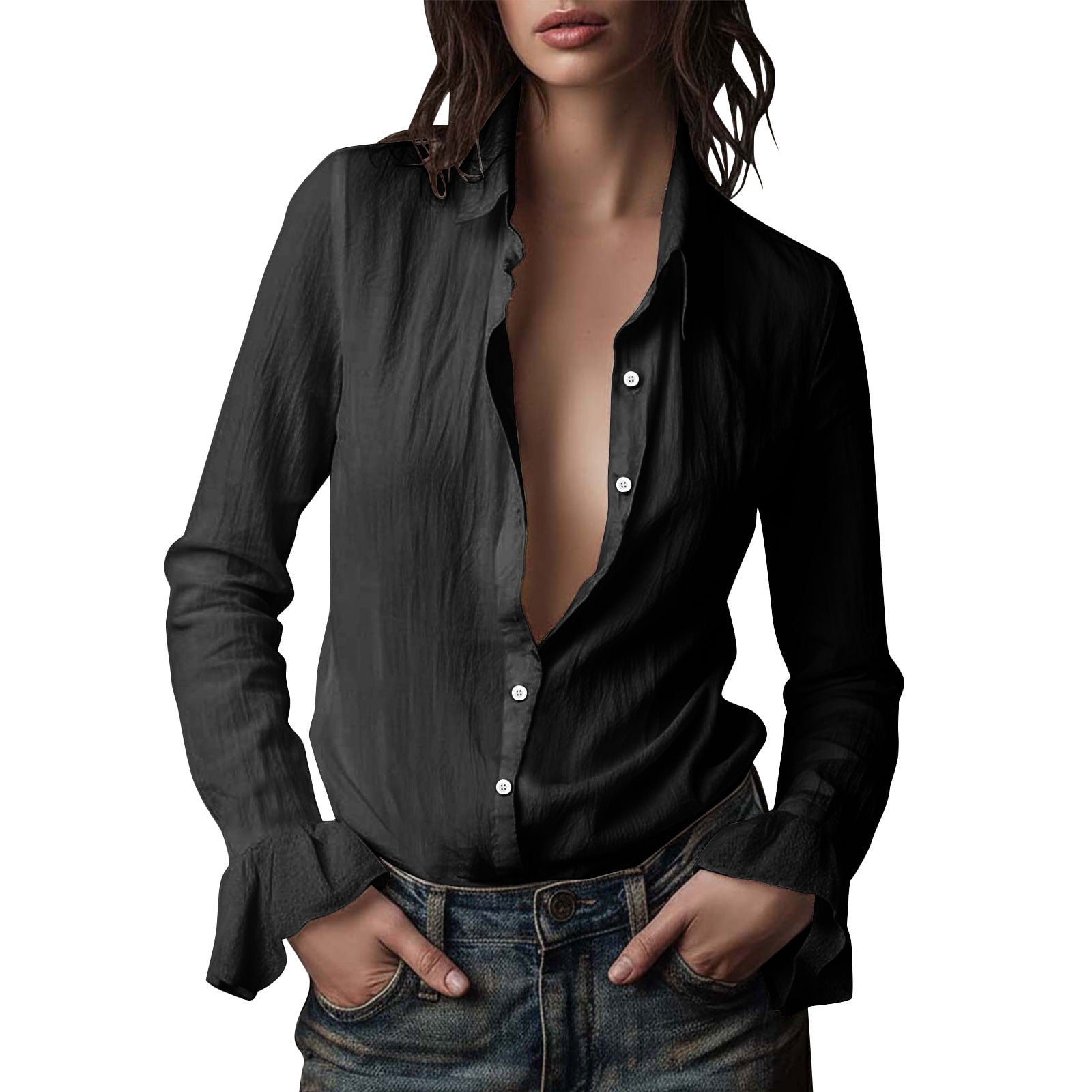 Button Down Shirts for Women Vintage Ruffle Long Sleeve Button Up ...