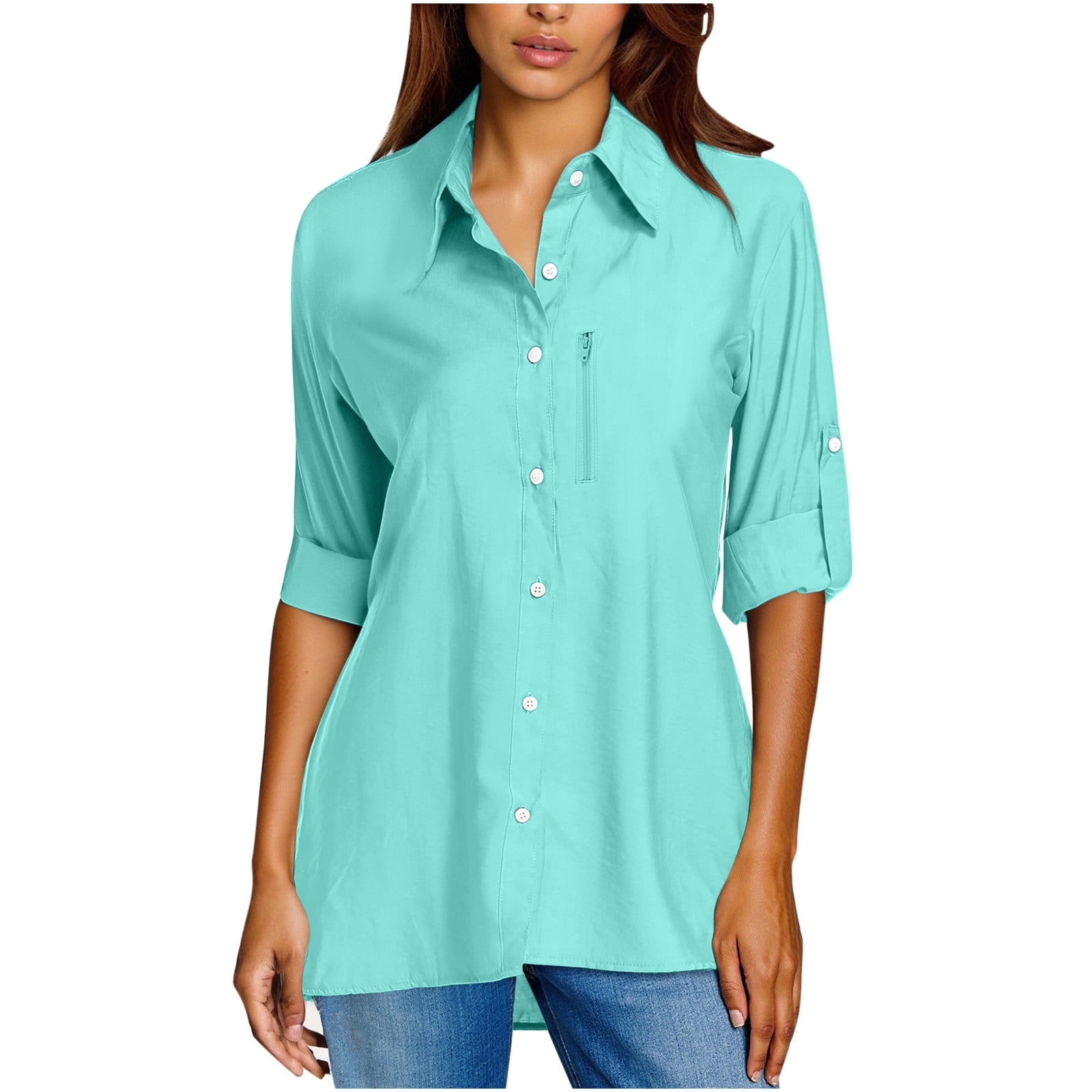 Button Down Shirts for Women Zipper Chest Pocket Rolled Long Sleeve ...