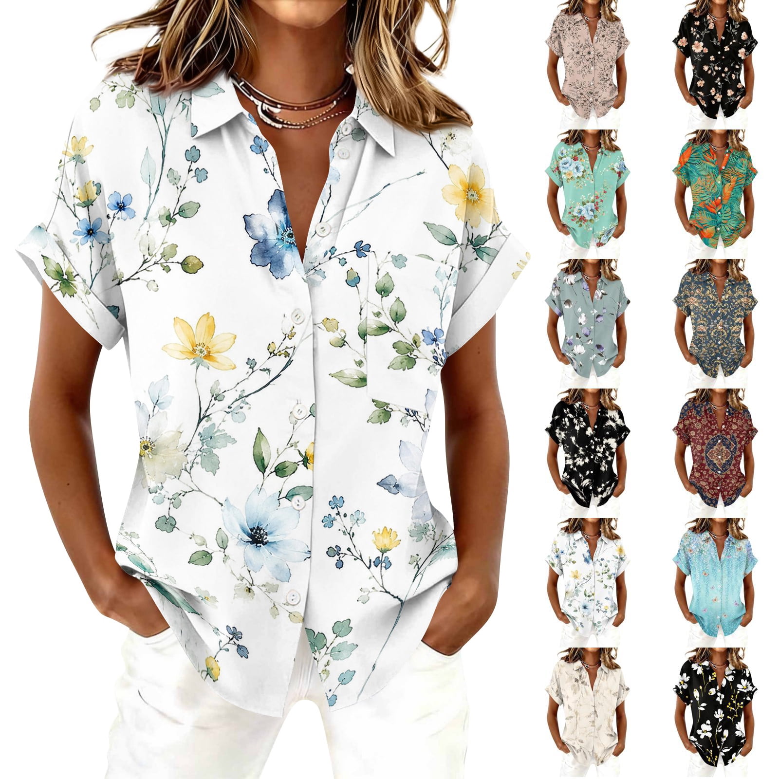 Button Down Short Sleeve Shirts for Women V Neck Loose Roll Up Collared ...