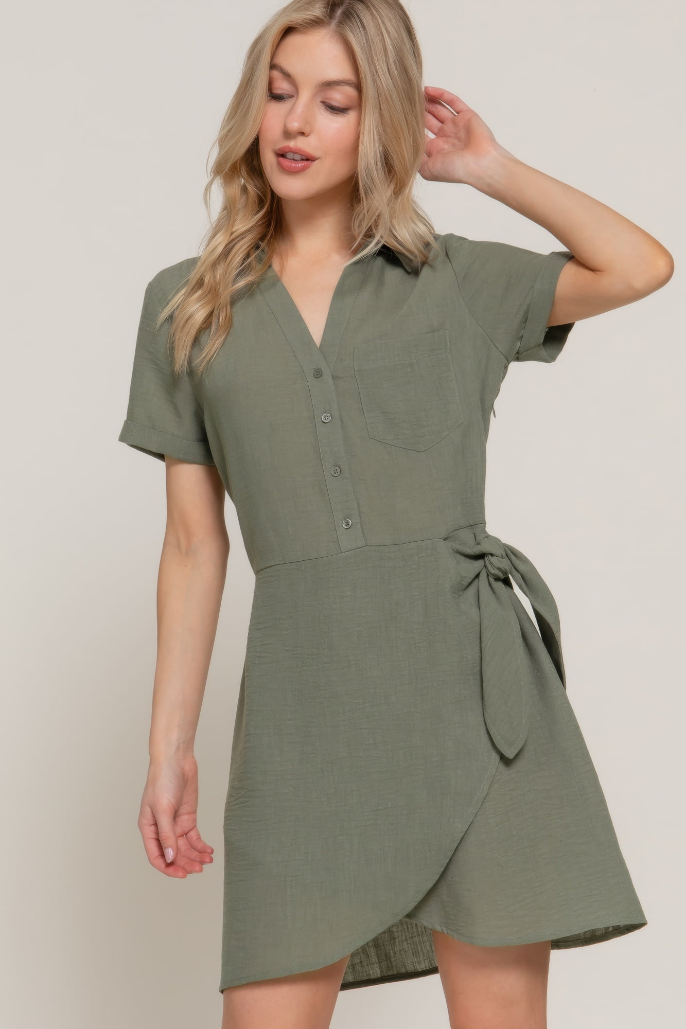 Button Down Side Bow Linen Effect Mini Dress - Walmart.com
