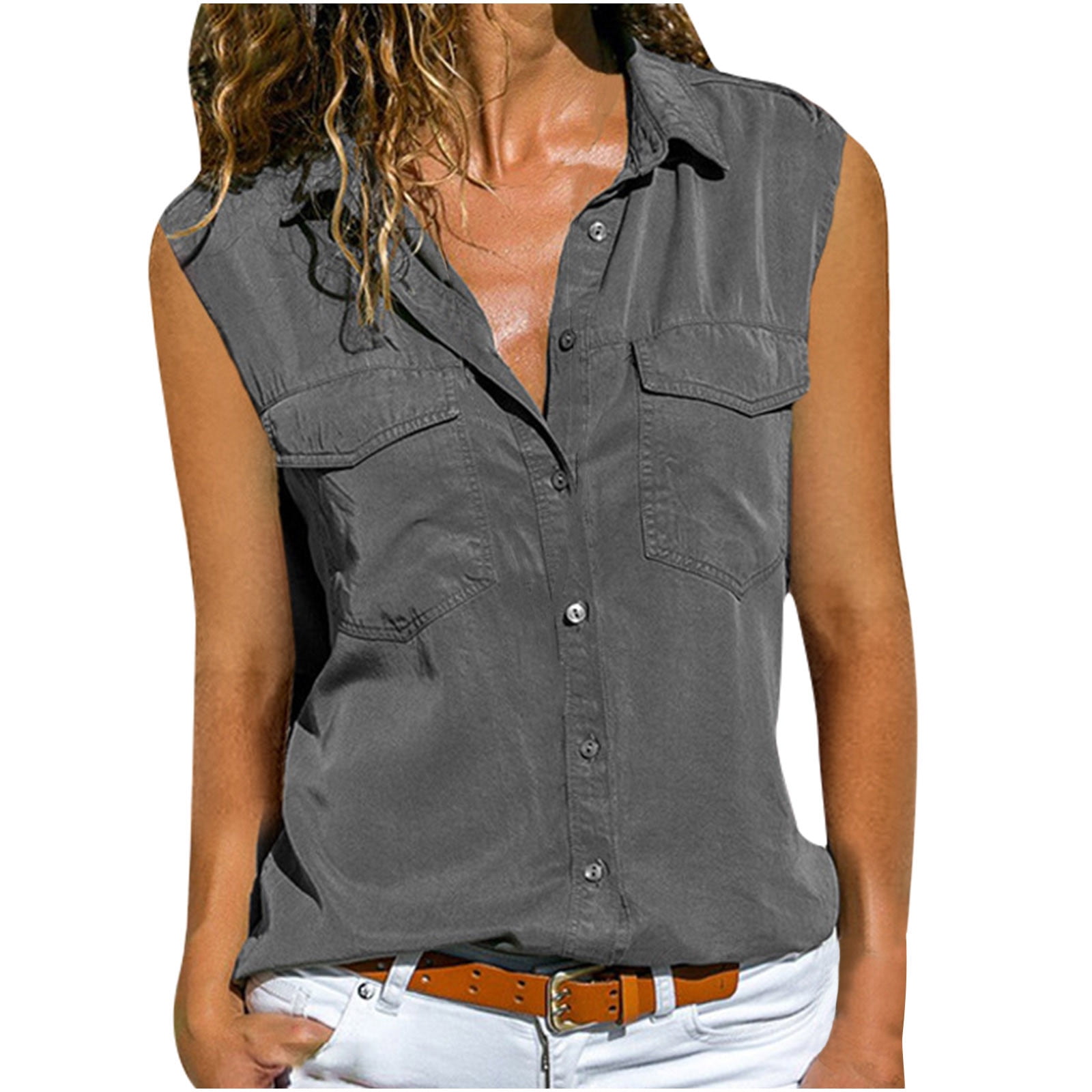 Button Down Sleeveless Shirt Women Summer Casual Office Western Shirt ...