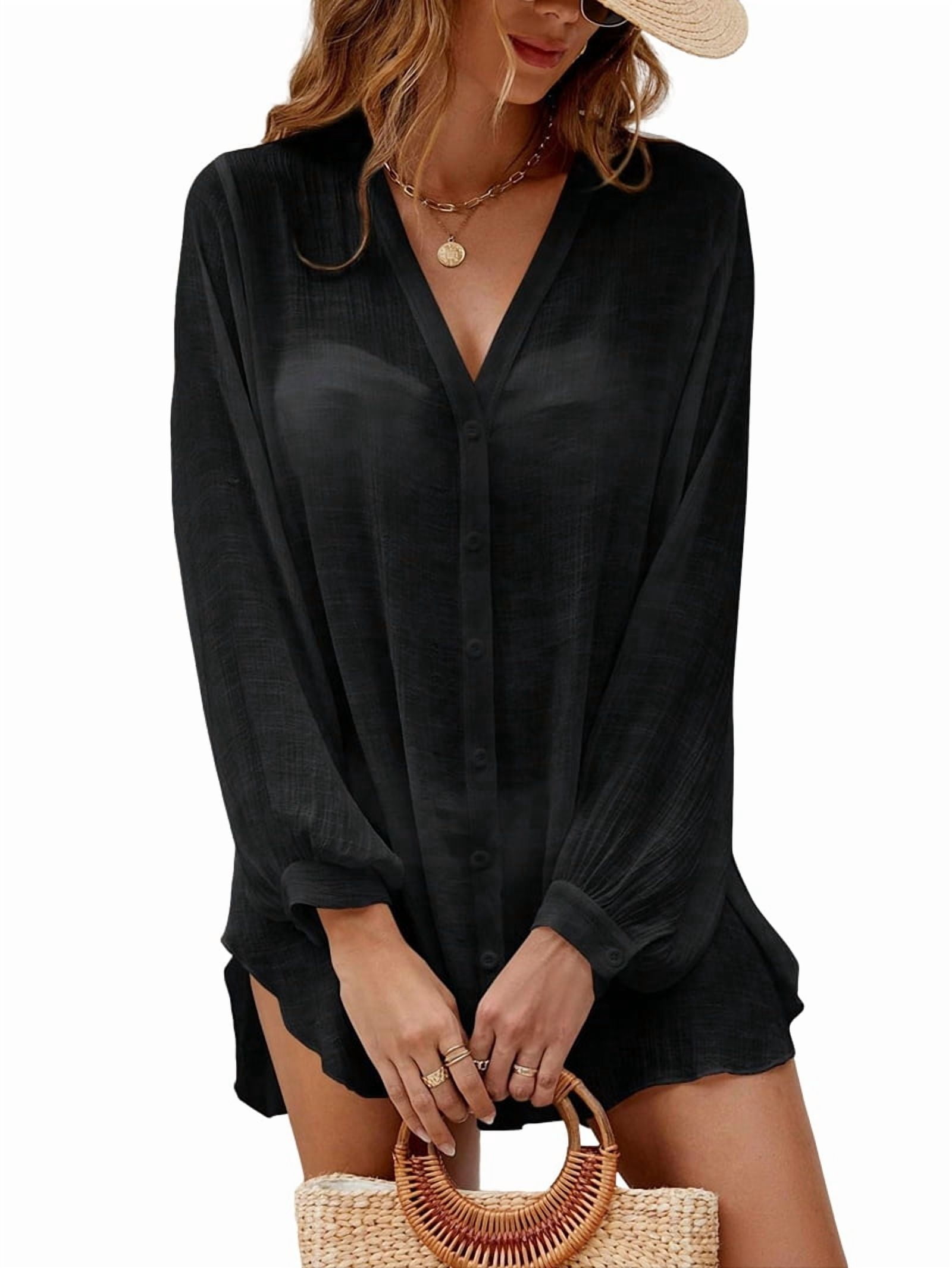 Button Down Swim Cover Up Shirt Long Sleeve Beach Blouse Bathing Suit ...
