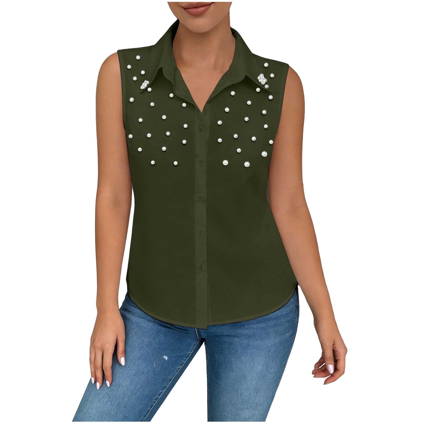 Button Down Tank Top For Women Sleeveless Collared Pearl Decor Blouse ...