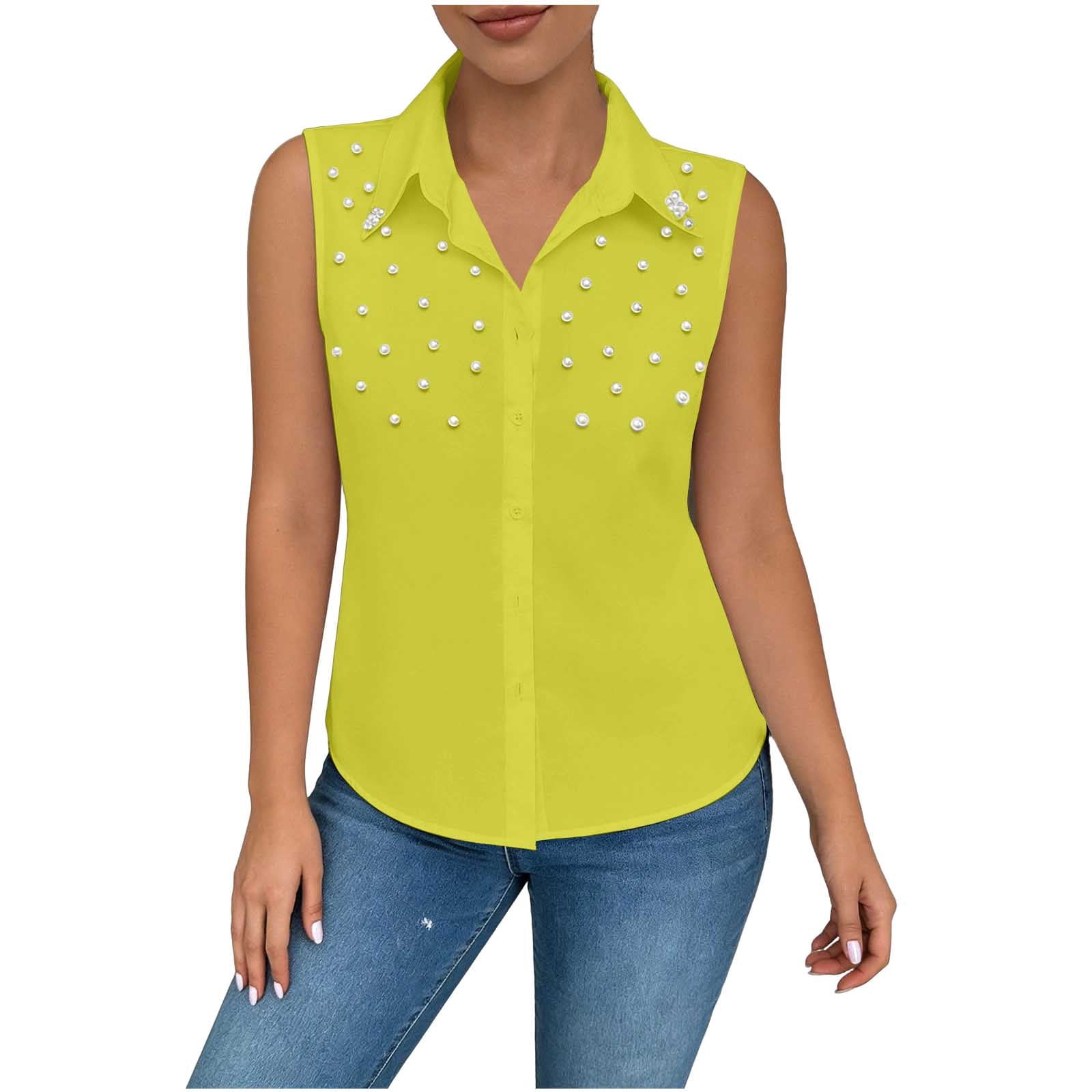 Button Down Tank Top For Women Sleeveless Collared Pearl Decor Blouse ...
