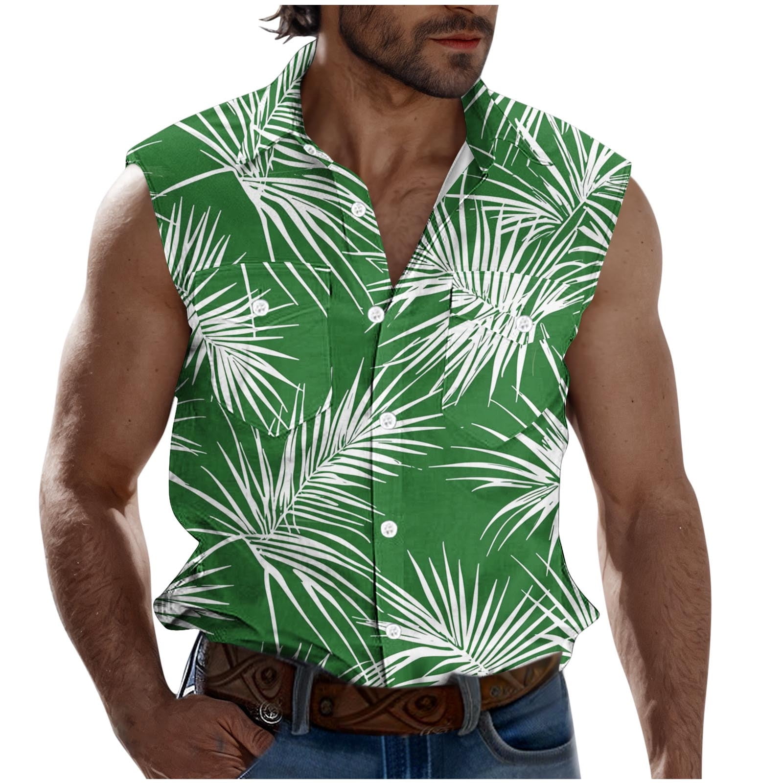 Button Down Tank Tops for Men Sleeveless Tropical Print Lapel Collared ...