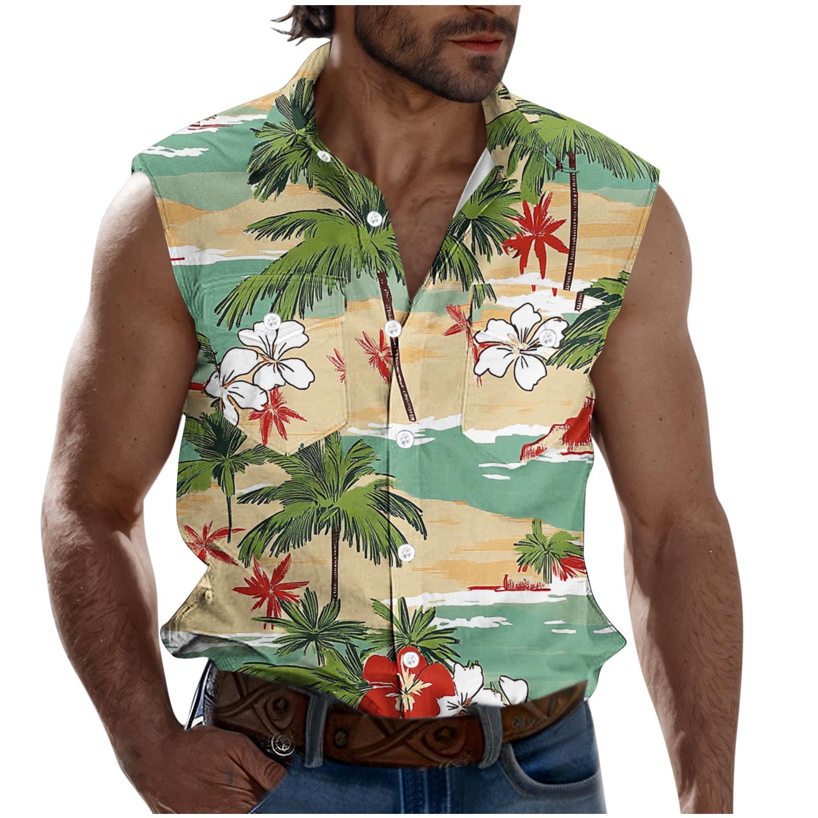 Button Down Tank Tops for Men Sleeveless Tropical Print Lapel Collared ...