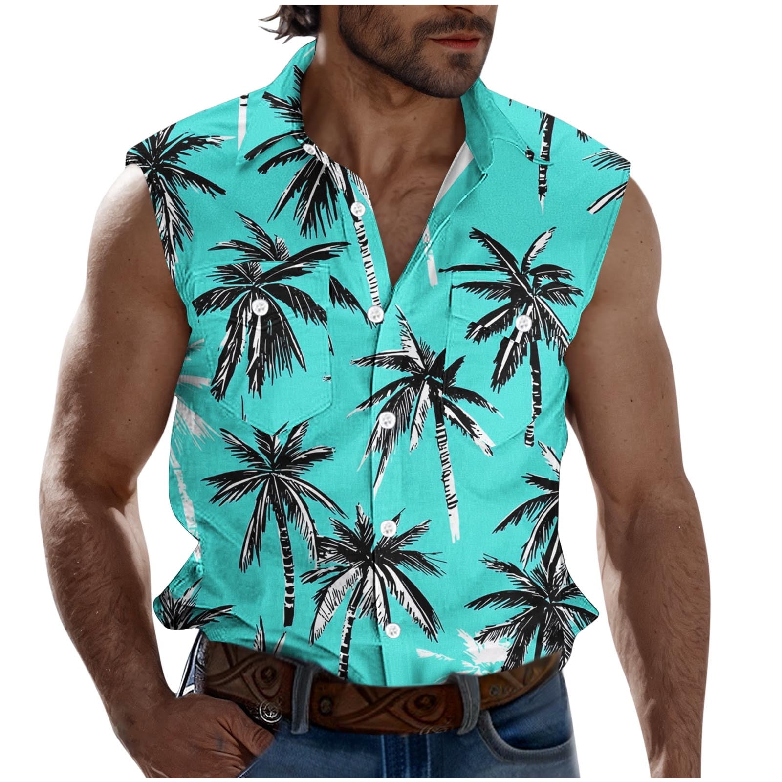 Button Down Tank Tops for Men Sleeveless Tropical Print Lapel Collared ...
