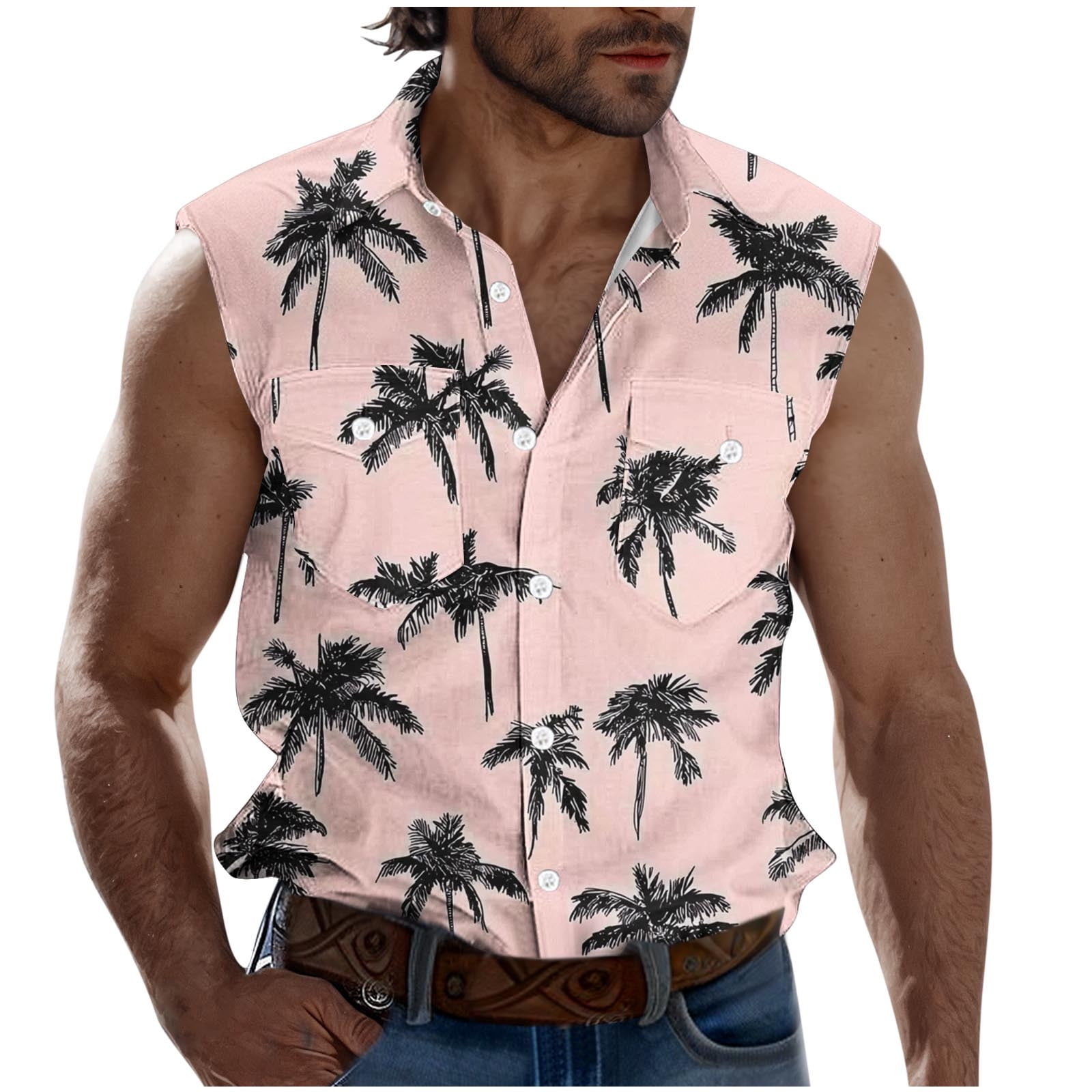 Button Down Tank Tops for Men Sleeveless Tropical Print Lapel Collared ...