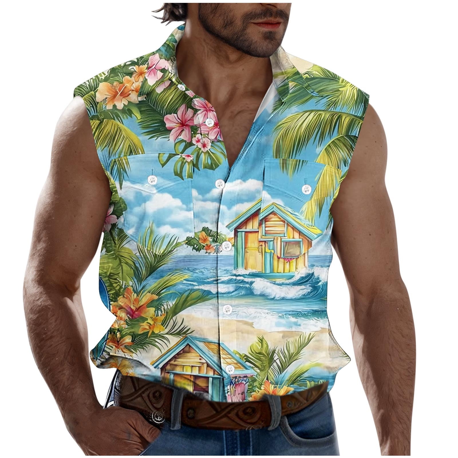 Button Down Tank Tops for Men Sleeveless Tropical Print Lapel Collared ...