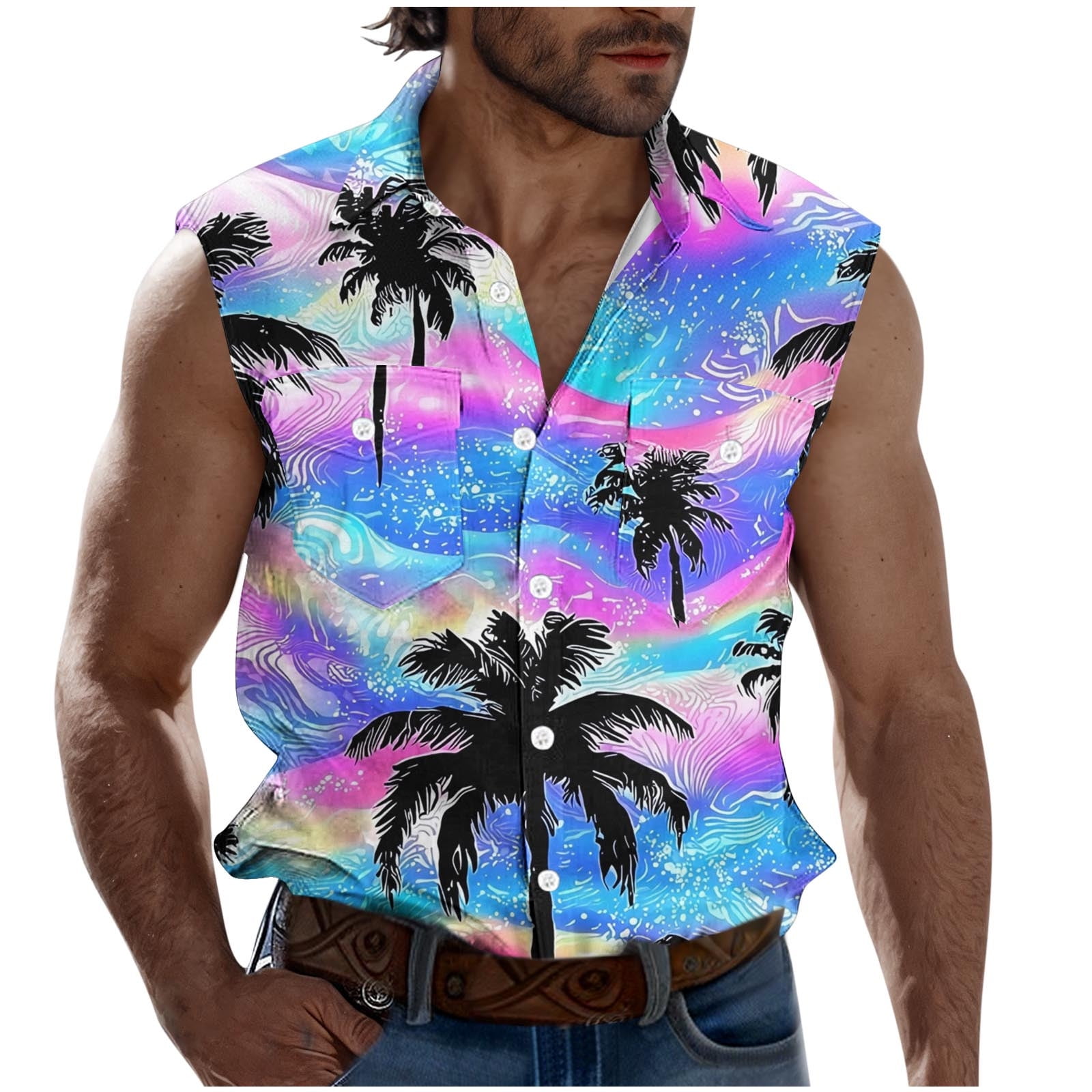 Button Down Tank Tops for Men Sleeveless Tropical Print Lapel Collared ...