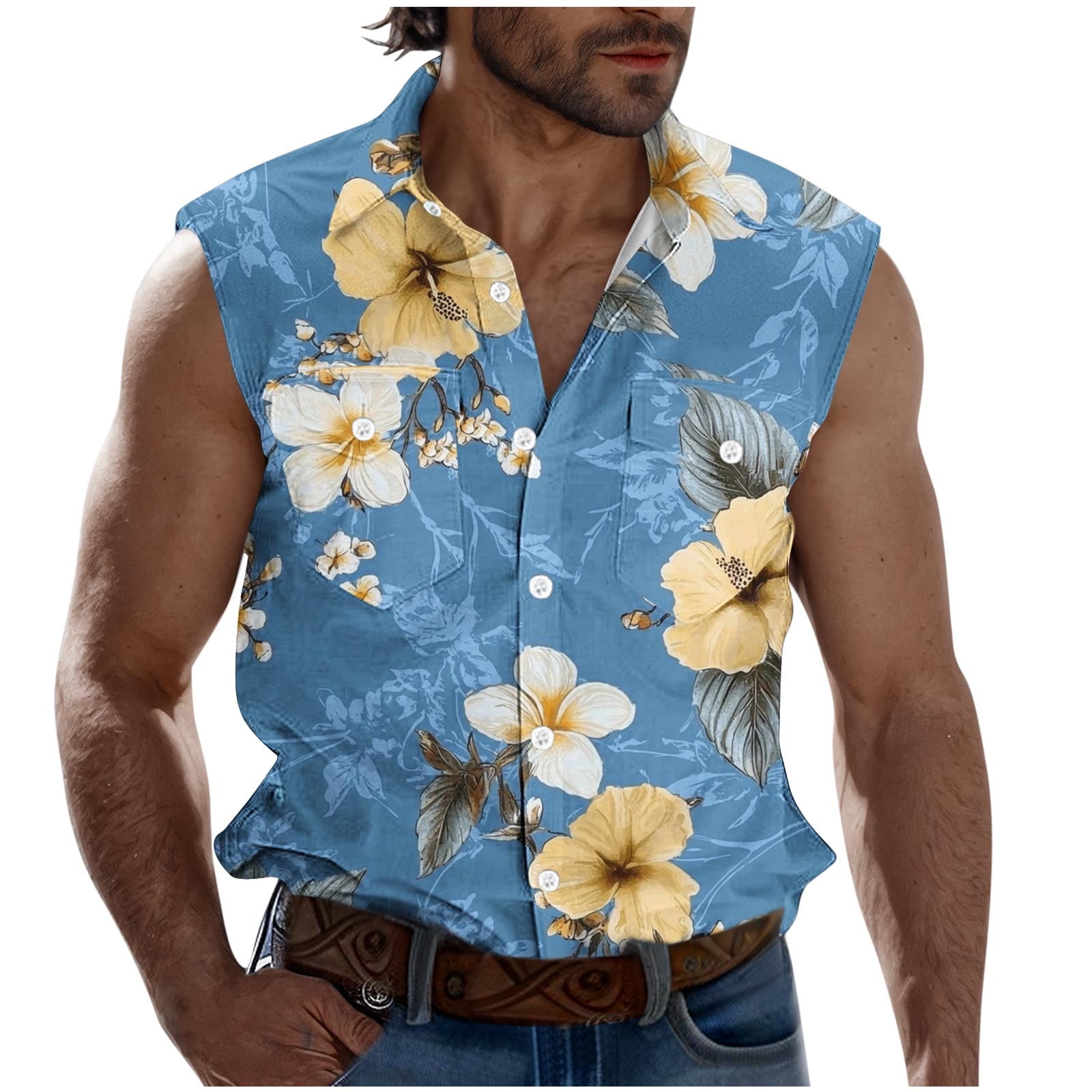 Button Down Tank Tops for Men Sleeveless Tropical Print Lapel Collared ...