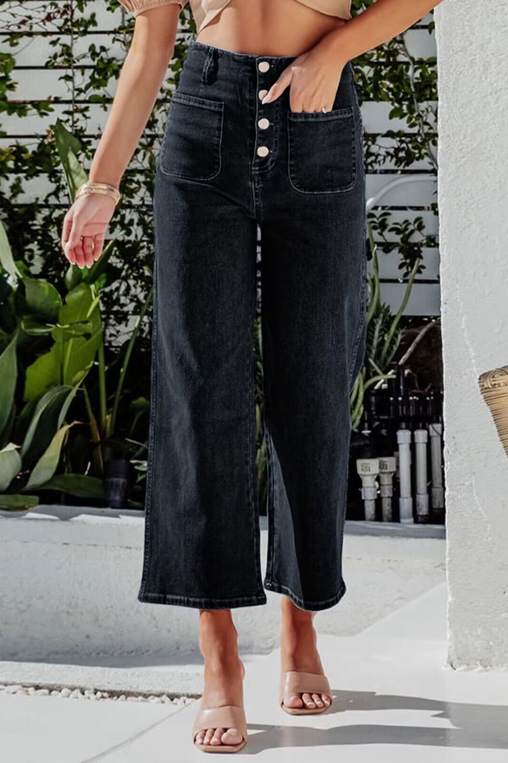 Button Fly Cropped Wide Leg Jeans - Walmart.com