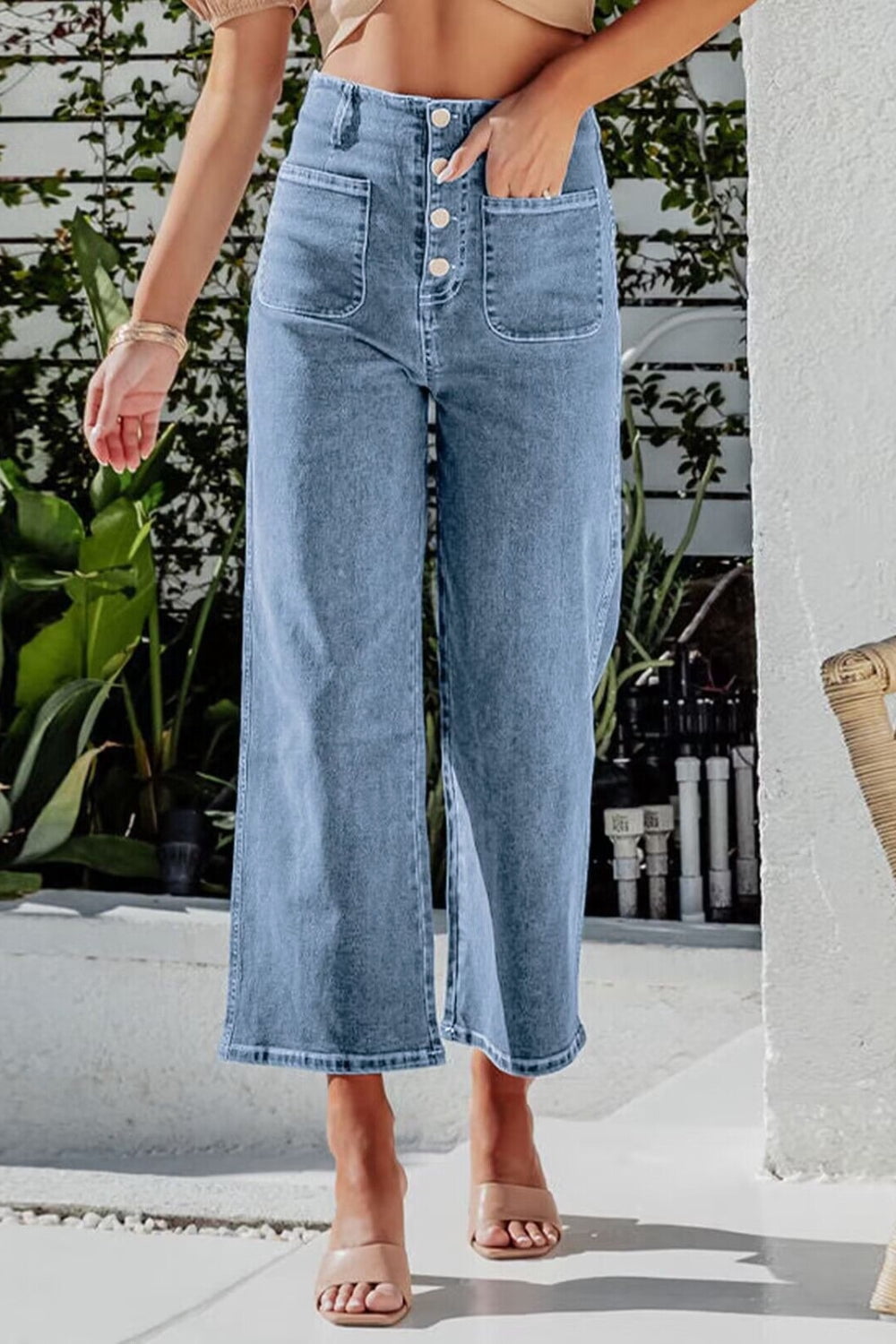 Button Fly Cropped Wide Leg Jeans - Walmart.com