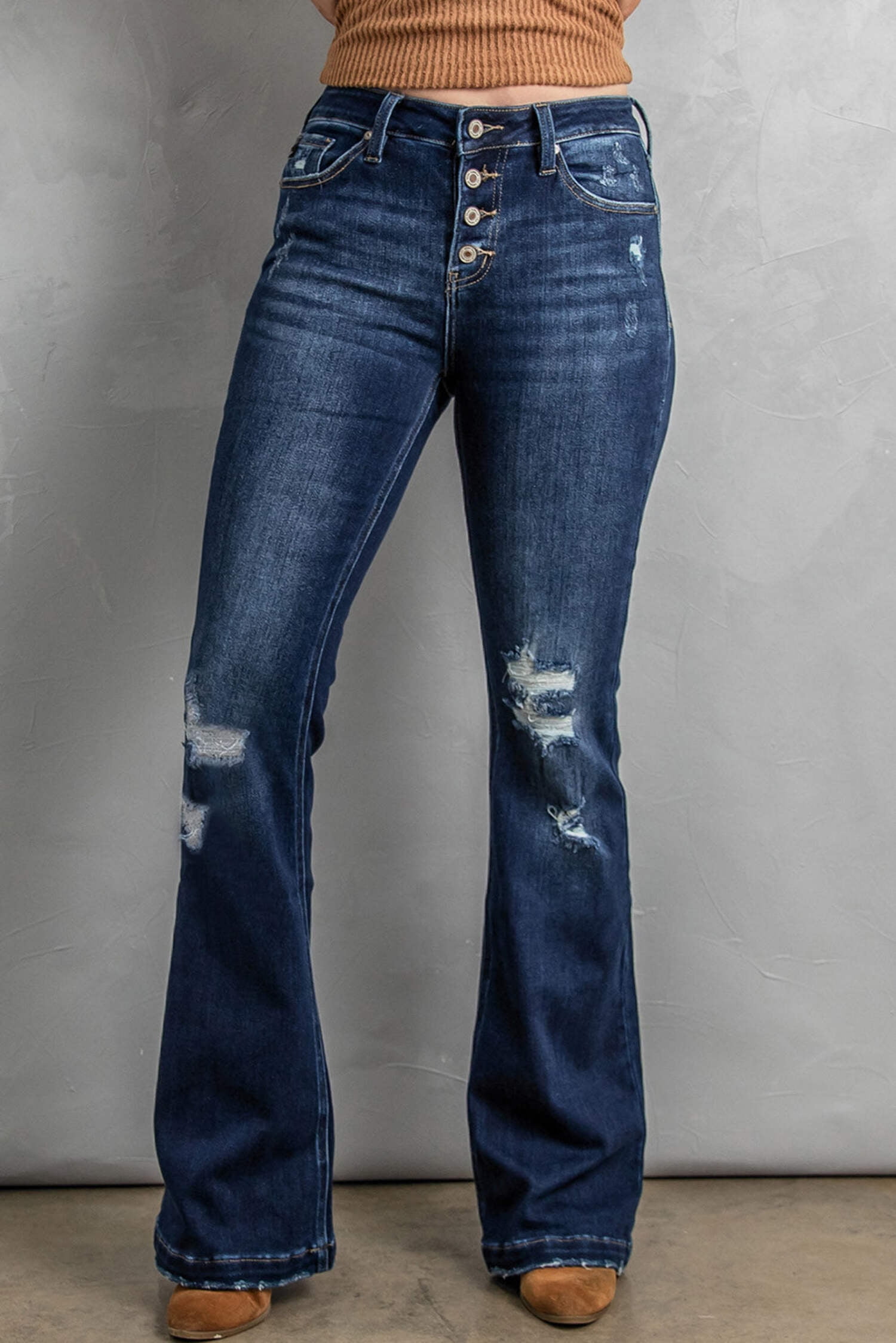 Button Fly Distressed Bootcut Jeans - Walmart.com