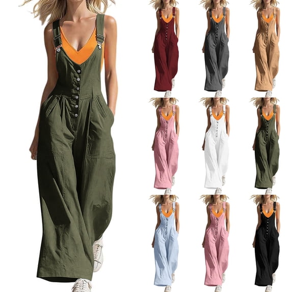 Button Front Overall Jumpsuit for Women - Adjustable Strap Wide Leg ...