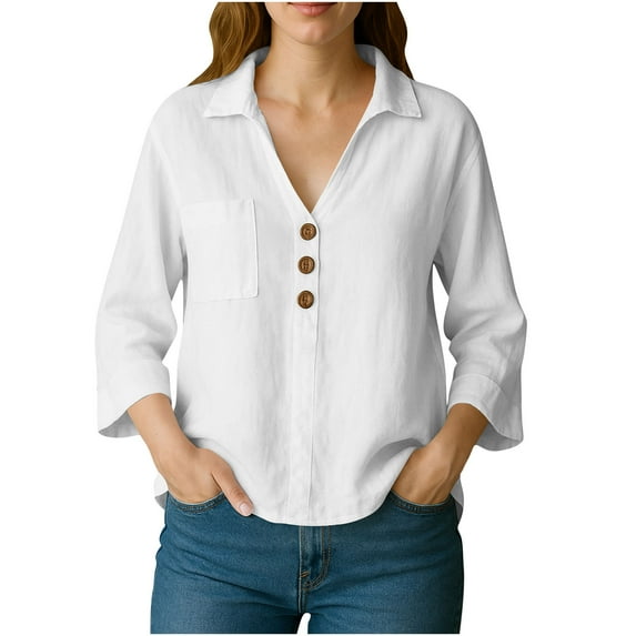 Button Front Shirts for Women Pocked Cotton-Linen Stand Collar T-Shirt ...