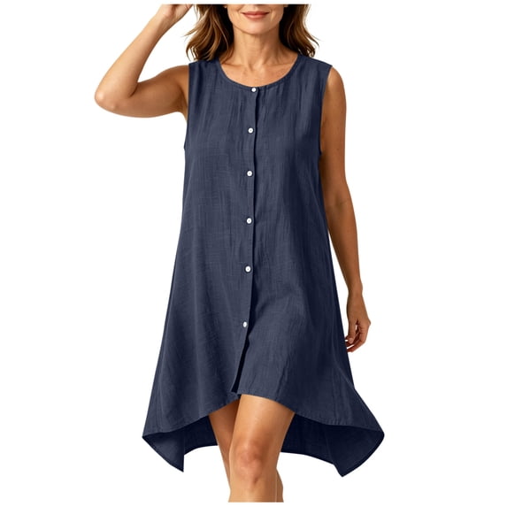 Button‑Front Sundress for Women Sleeveless Round Neck Shirt Dress ...