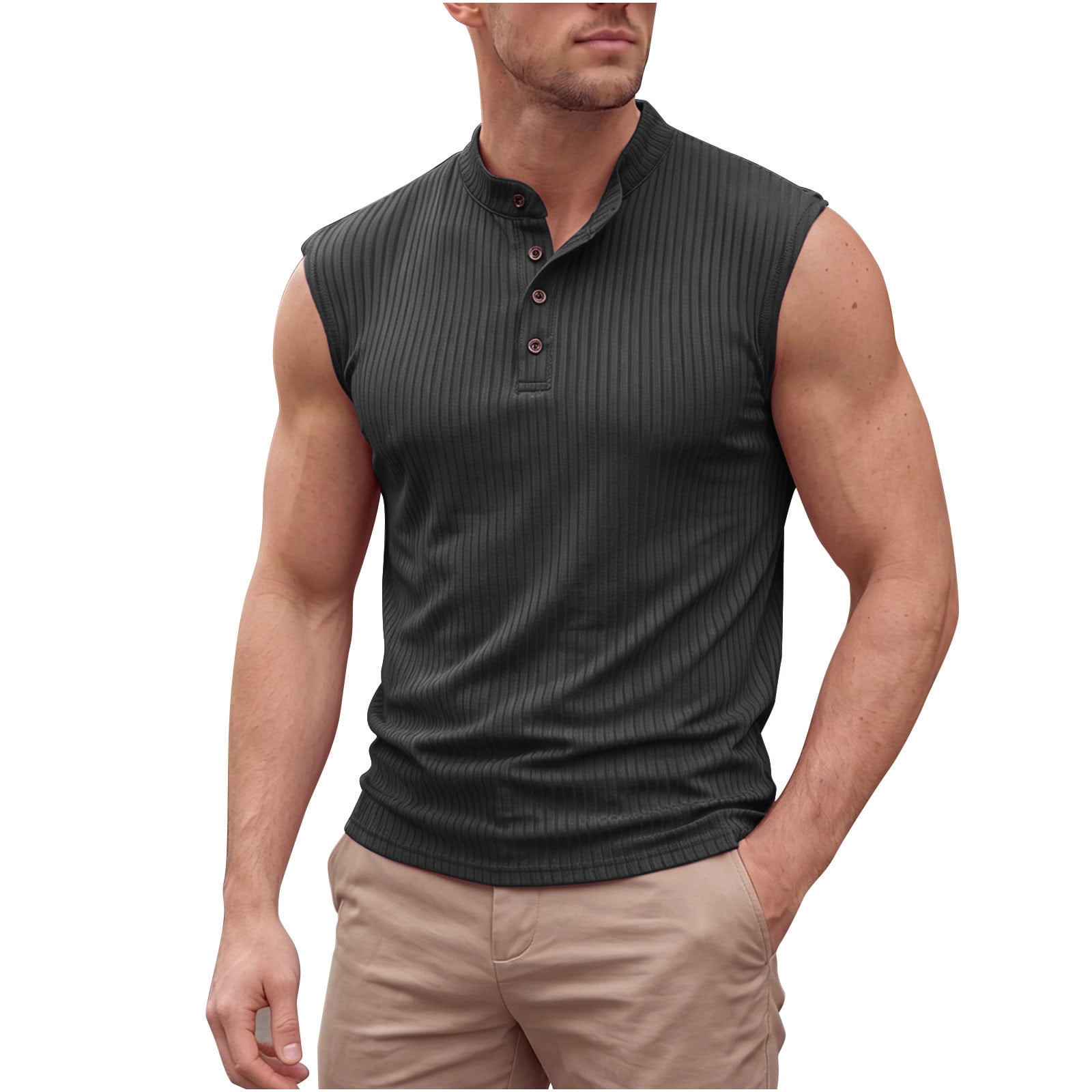 Button Front Tank Top Men Ribbed Stretch Breathable Comfy Workout Tees ...